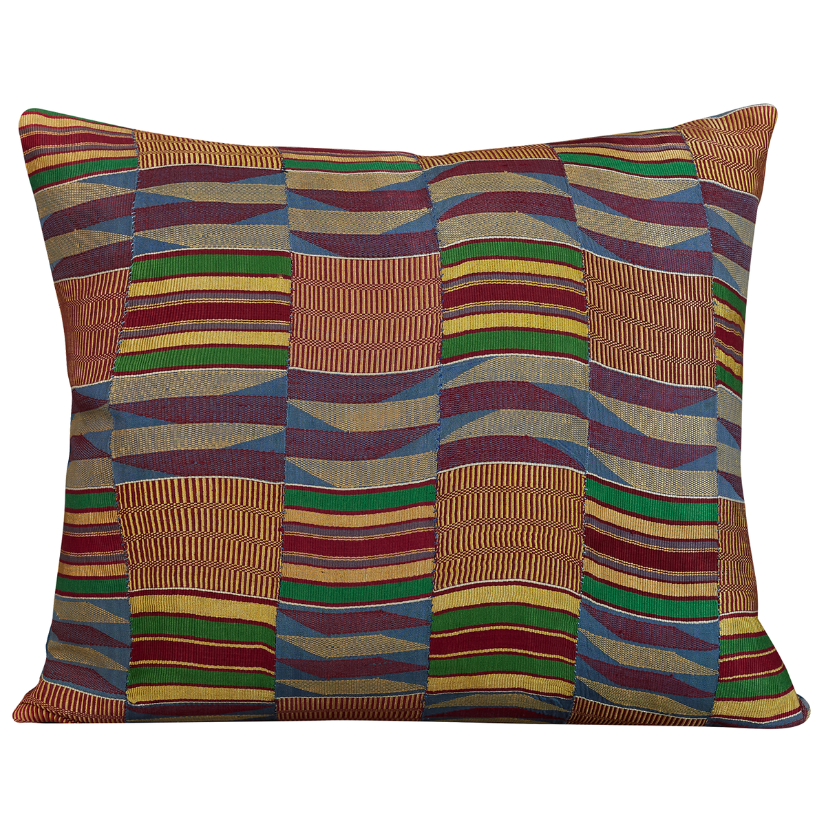 Rectangular Kente cloth African cushion - Wavy aubergine green/yellow